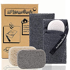 myHomeBody Soap Pocket Exfoliating Soap Saver Pouch | Body Scrubber Sponge, Exfoliator for Bath or Shower | for Large Bar Soap or Leftover Bits | Graphite Gray, 2 Pack + 2 Soap Lifting Pads