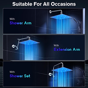 Rain Shower Head, High Pressure 10'' LED Shower Head, Anti-Clogging Fixed Rainfall Shower Head with Temperature Controlled Color Changing, 360°Adjustable Brass Ball Joint, Square, Chrome