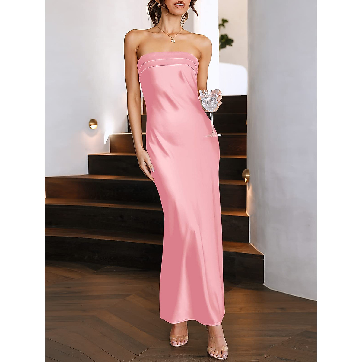 ANRABESS Women Summer Wedding Guest Maxi Dress Strapless Satin Tube Bodycon Backless Cocktail Formal Dresses 2025 Spring Pink