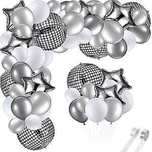110 Pack 70s Disco Party Party Balloon Kit 22 Inch 4D Mirror Disco Silver Balloons Aluminum Foil Disco Ball Balloons Metallic Pentagram Star Balloons for 60s Birthday Baby Shower Decoration