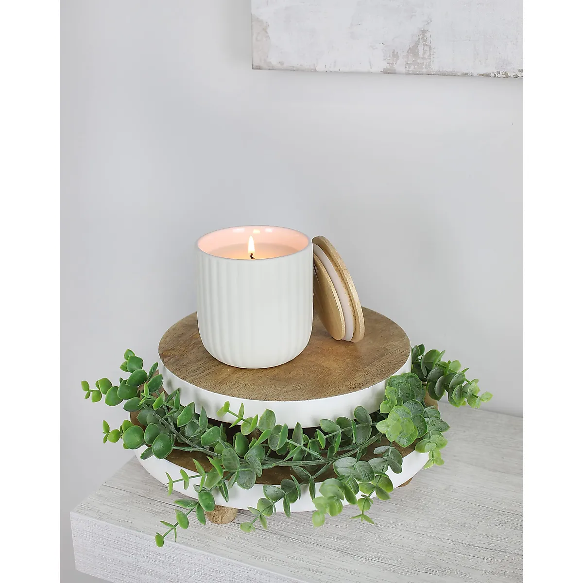 AuldHome Design Farmhouse Round Wooden Risers (Set of 2, White Trim), Rustic Decorative Risers for Display w/ Natural Mango Wood and Enamel Trim