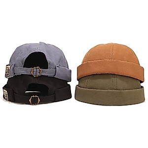 Mens Cotton Patch Brimless Skullcap Sailor Cap Rolled Cuff Retro Beanie Hat