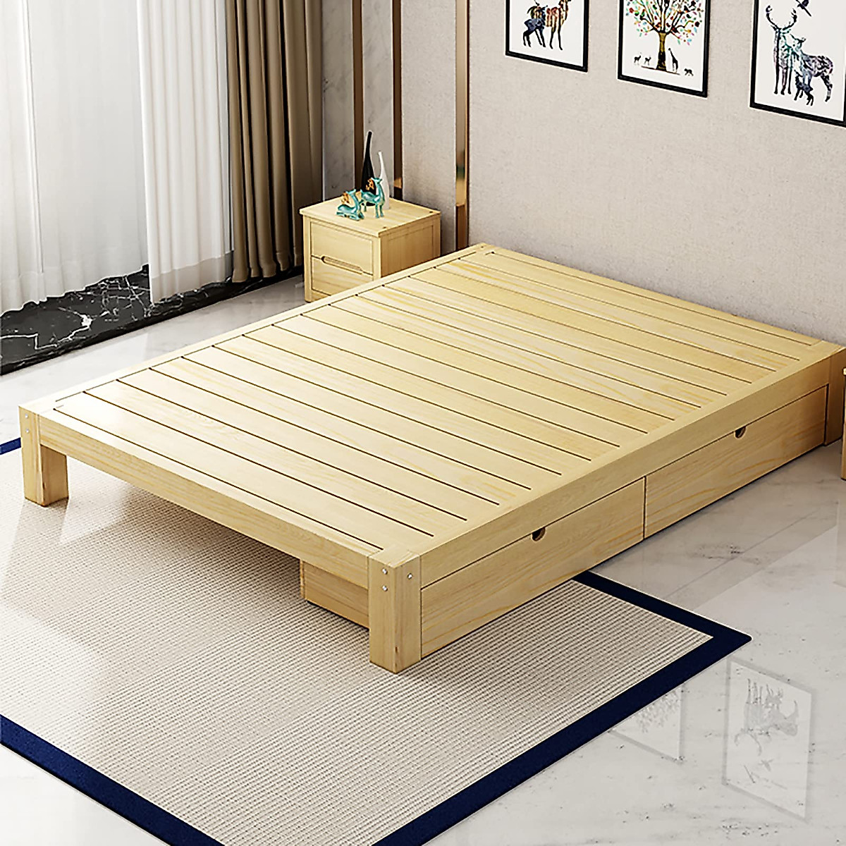 Scandinavian Bed Frame,Solid Wood Bed Frame,Japanese Bed Frame Floor Bed Platform with Storage Drawer,12" Tall Natural Wooden Floor Bed Frame for Bedroom(39.5" W x 77" L x 12" H, Twin)