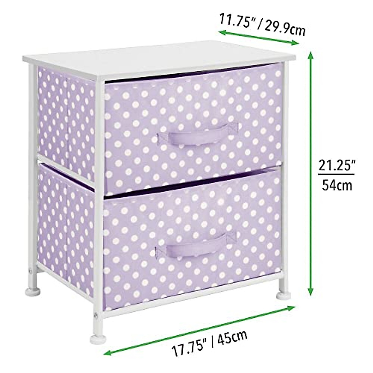 mDesign Small Storage Dresser End/Side Table Night Stand with 2 Removable Fabric Drawers - Organizer for Baby, Kid, and Teen Bedroom, Nursery, Playroom, or Dorm - Light Purple/White Polka Dot