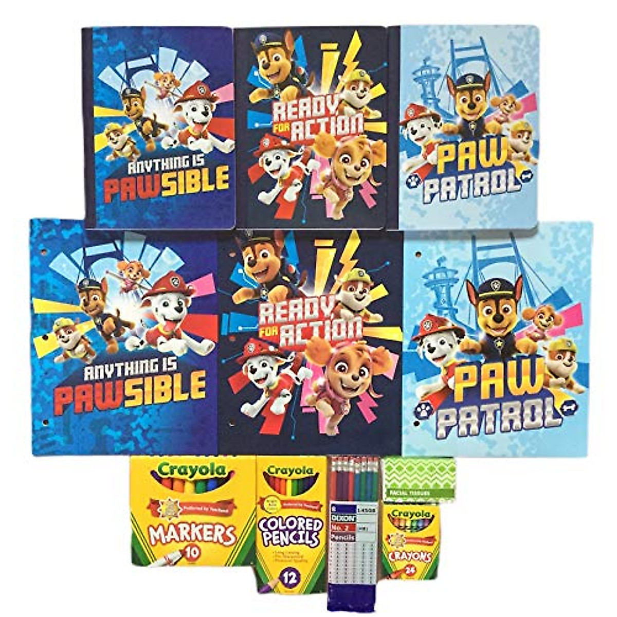 Back to School Bundle | 2 Pocket Folders | Composition Notebooks | Crayons Colored Pencils Markers | #2 Pencils Tissue (Paw)