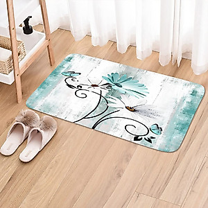 Rustic Farmhouse Bath Rug, Farm Teal Daisy Floral Flowers and Butterfly on Country Wooden Bath Mat Turquoise Blue Kitchen Rug Floor Mat Soft Non Slip Runner Carpet Indoor Doormat (17X29)