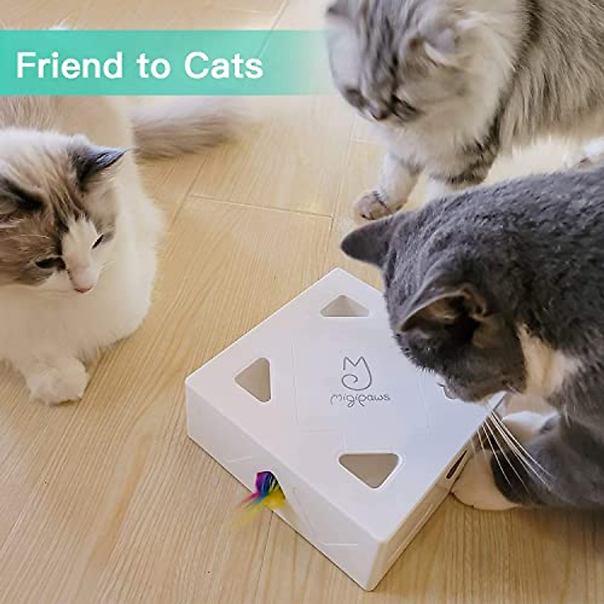 Migipaws Cat Toys, Interactive Automatic 7 Holes Mice Whack-A-Mole, Ultra Fun Smart Teaser Toy for Indoor Cats, USB Rechargeable, 4 Pieces Feather Refills