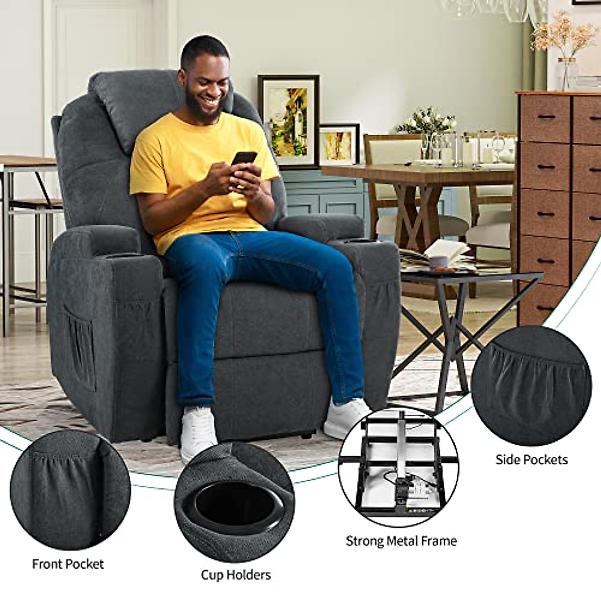 YITAHOME Power Lift Recliner Chair for Elderly, Electric Lift Chair with Heat and Massage, Fabirc Recliner Sofa with 2 Cup Holders, Side Pockets & Remote Control for Living Room,Grey