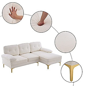 POULEII Sectional Sofa,Modern L-Shape Modular Sectional Sofa Sleeper Couch with Chenille Fabric and Gold-Plated Feet for Living Room, Apartment, Office,Creamy-White