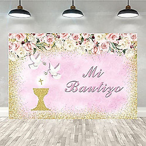 5x3ft Mi Bautizo Backdrop for Girl Baptism Gold Bless Background Pink Flower Golden Dots Photography Baby Shower Banner Party Decorations Floral Newborn Baby Shower Photo Booth Props (EZH0D685UU)