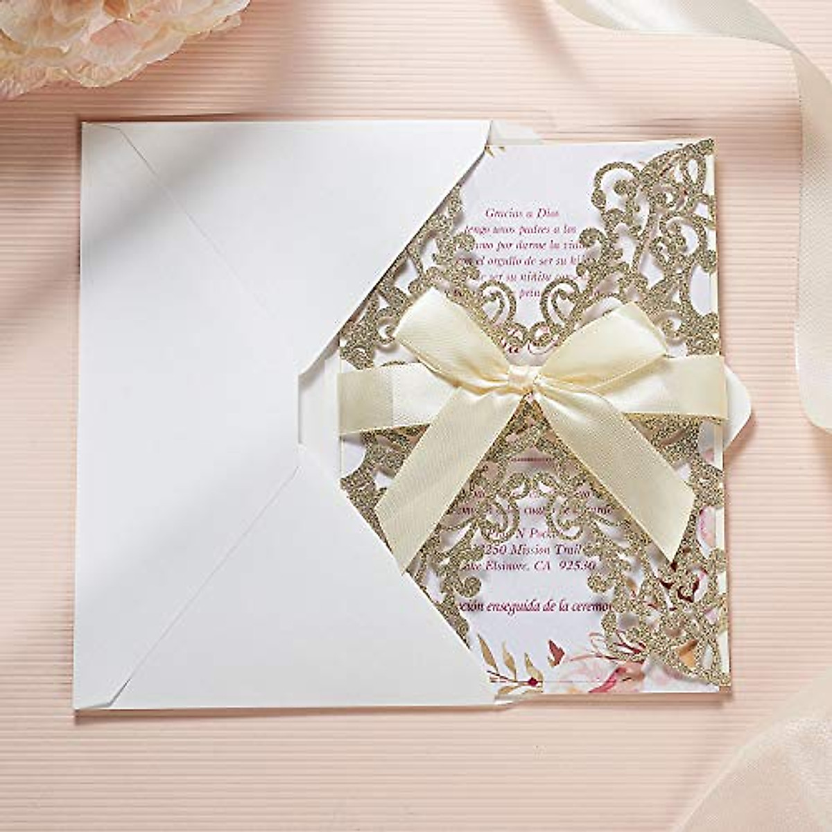 AdasBridal 50Pcs Glitter Floral Laser Cut Wedding Invitation Cards with Envelope Blank Inner Sheet and Ribbon for Wedding Engagement Bridal Shower Party Invite(7.09 X 4.92inch, Gold)