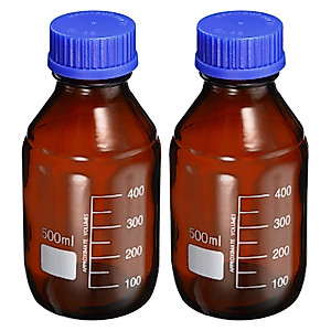 PATIKIL 500mL Reagent Media Bottle, 2Pcs Round Graduated Glass Storage Bottle Blue Screw Cap for Chemistry Lab Universities Home, Amber