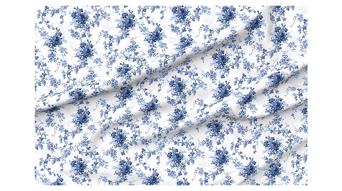 Spoonflower Ink Navy Blue & White Rose Fabric - Cotton, 42" Wide