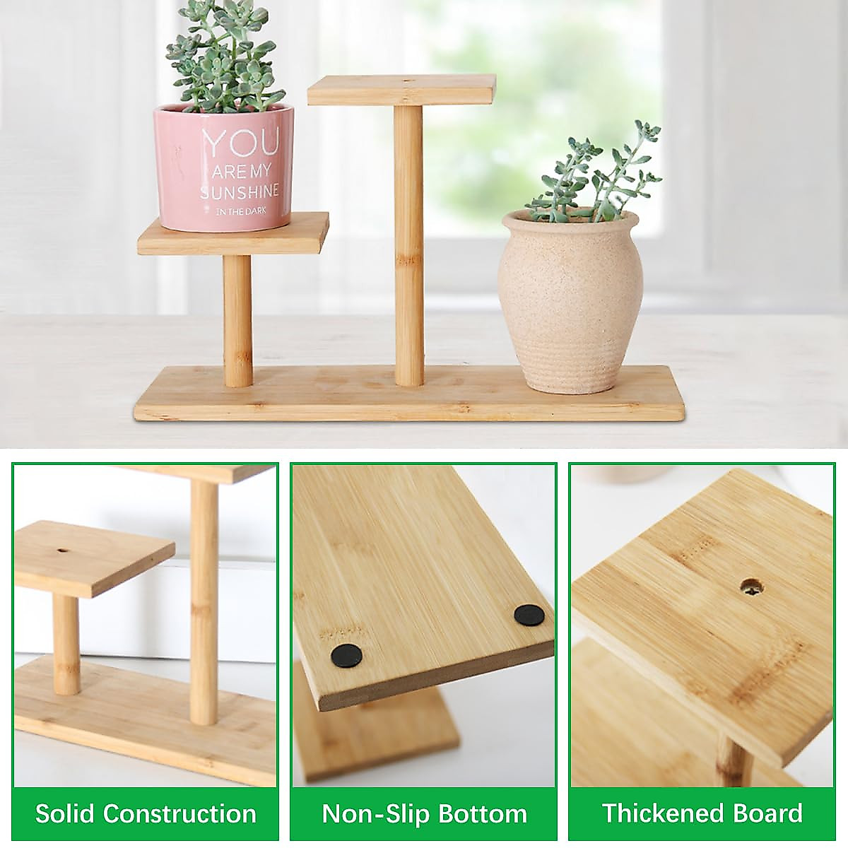 QUMENEY Desktop Plant Stand Indoor Bamboo Mini 3 Tiered Windowsill Shelf Desk Tabletop Shelf Holder Desk Organizer Display Rack for Outdoor Garden Balcony Patio