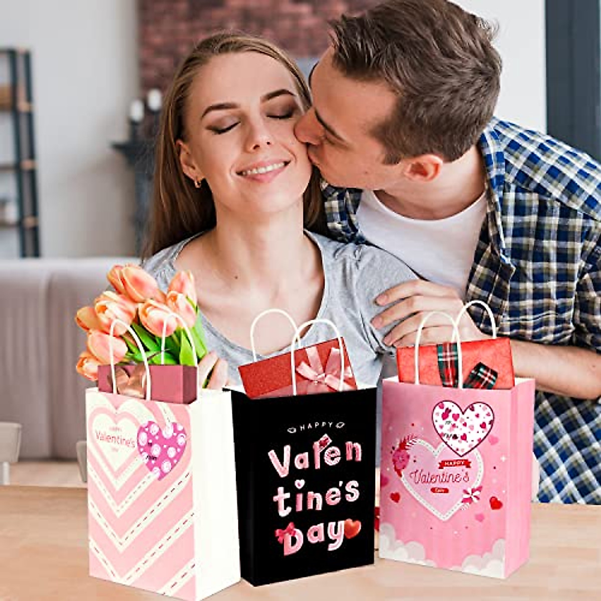 GITMIWS Valentines Day Paper Gift Bags - 28pcs Valentines Bags With Sticks,Sturdy Wrapping Kraft Bags with Handle for Valentines Party Supply, Valentines Gifts Packing