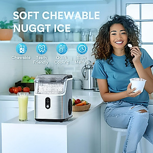 FREE VILLAGE Nugget Ice Makers Countertop, Pebble Ice Maker Machine with Soft Chewable Ice, 35lbs/24H, Self-Cleaning, One-Click Operation, Stainless Steel, Pellet Ice Maker for Home Kitchen Office