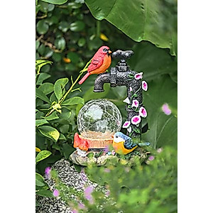 TERESA'S COLLECTIONS Bird Garden Decor with Solar Powered Lights, Resin Bird Outdoor Statues Figurine Garden Statue with Crackle Glass Globe for Porch Patio Lawn Yard Christmas Decorations, 8.3 inch