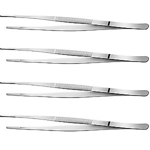 4 Packs 12 Inch Fine Tongs Tweezers Bar Tongs, Stainless Steel Food Tweezers with Precision Serrated Tips for Cooking, Repairing, Medical, Beauty and Sea Food