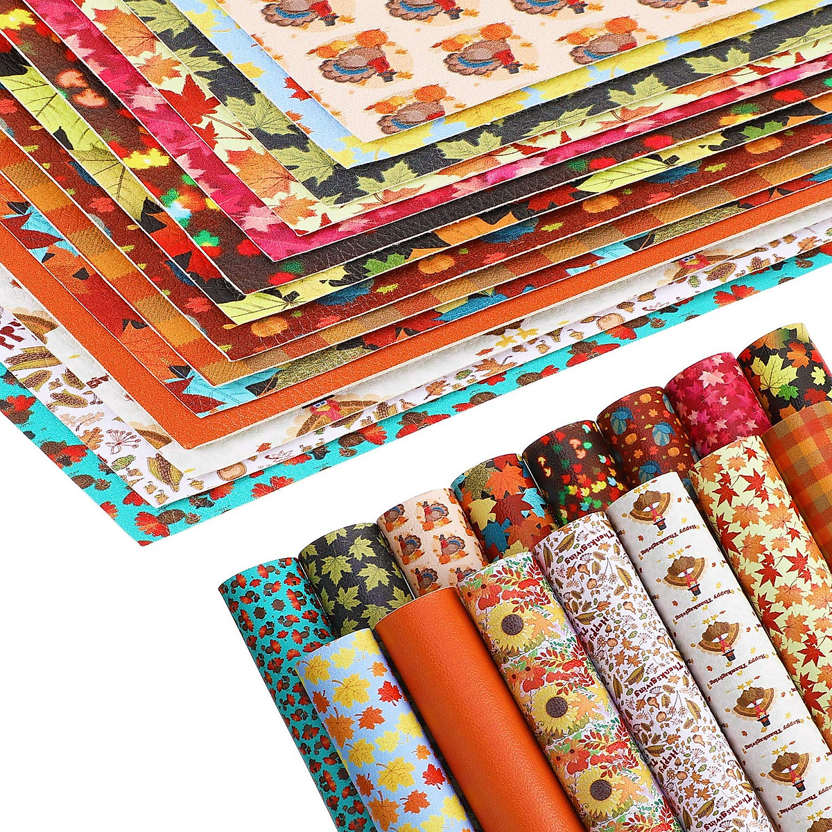 15 Pieces Thanksgiving Faux Leather Sheets Printed Fall Leaves Printed Leather Sheets for DIY, 8.3 x 6.3 Inch