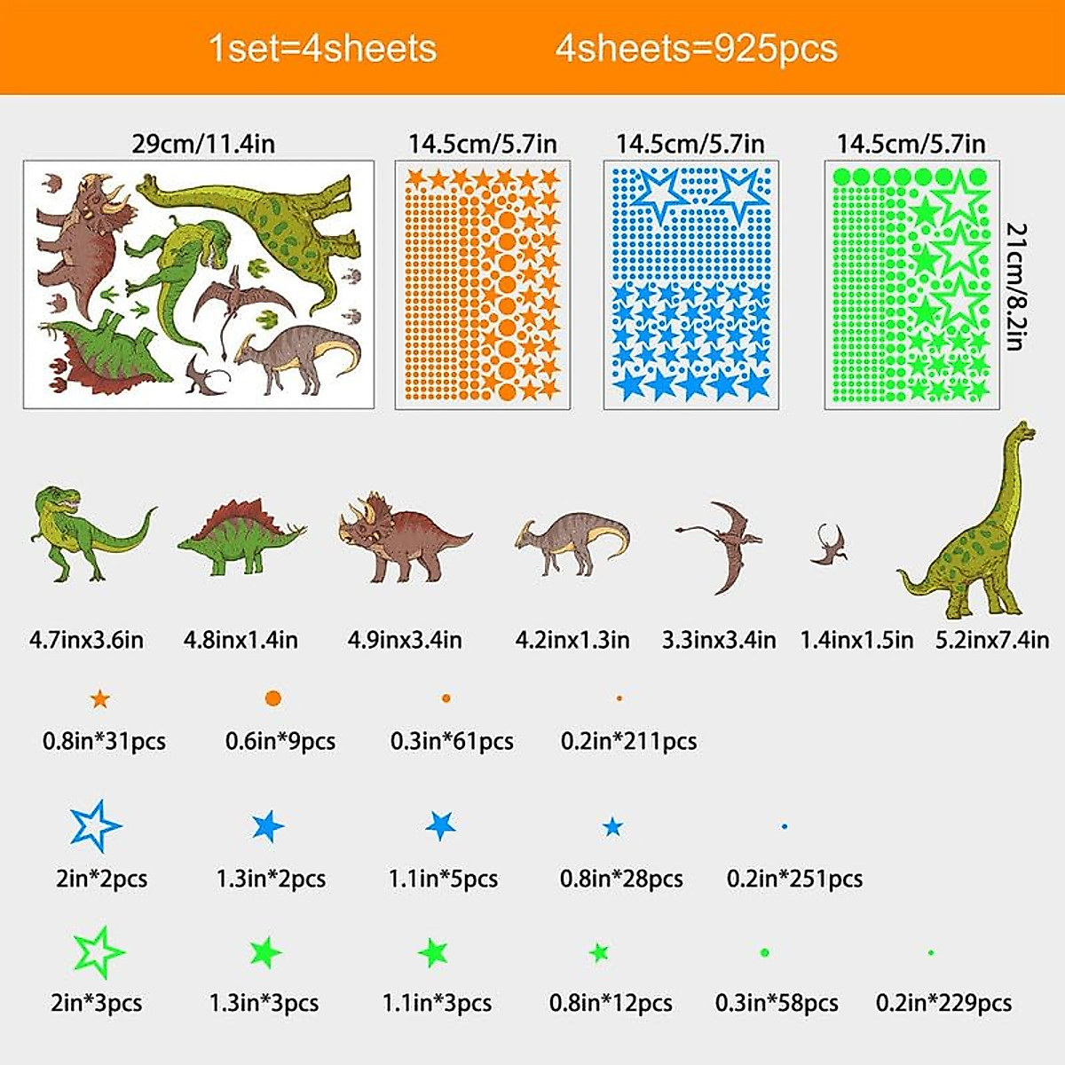 Buiory 925pcs Glow in the Dark Dinosaur Wall Decals Removable DIY Glowing Blue Green Yellow Stars and Dots Wall Stickers PVC Peel and Stick Fluorescent Luminous Wall Decor for Kids Bedroom Baby Boys