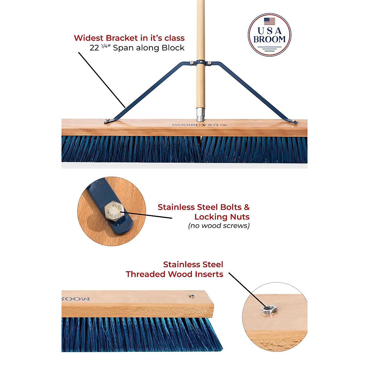 USA Broom 36 in Heavy Duty Push Broom Outdoor Sweep Ashpalt/Concrete Stiff Bristles, USA Steel Brackets, Stainless Steel Hardware, No Plastic 100 Percent Made in The USA