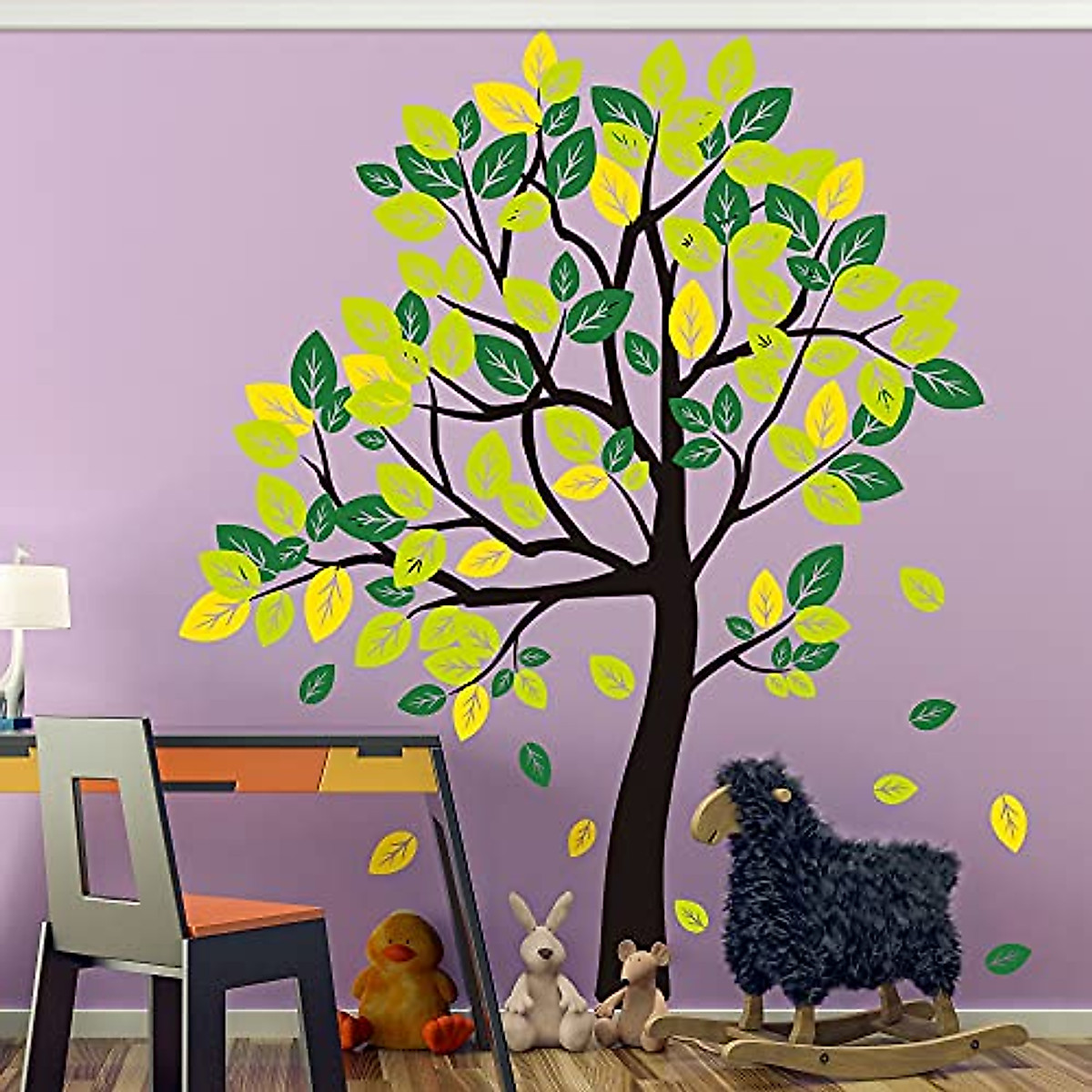 RW-2882 Giant Green Tree Wall Decals Big Tree Branches Leaf Wall Stickers DIY Removable Large Leaves Family Phote Art Wallpaper Decor for Kids Women Bedroom Living Room Nursery Office Home Decoration