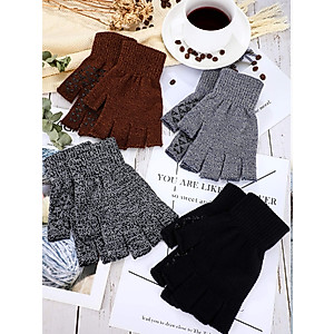 4 Pairs Unisex Winter Half Finger Knit Gloves Stretchy Non-Slip Winter Warm Knitted Fingerless Gloves (Black, Dark Gray, Gray, Brown)