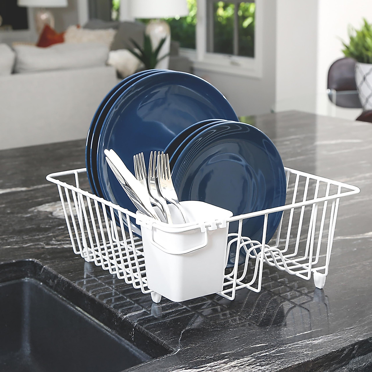 Smart Design Dish Drainer Rack - Small - In Sink or Counter Drying - Steel Metal Wire - Cutlery, Plates, Dishes, Cups, Silverware Organization - Kitchen (White - 14 x 5.5 Inch)