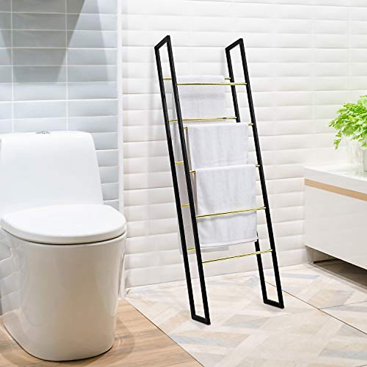 MyGift Art Deco Style Towel Ladder Rack Modern Black and Gold Tone Metal Wall Leaning Decorative Blanket Hanger Holder