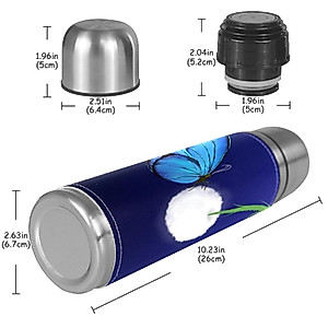 Stainless Steel Leather Vacuum Insulated Mug Blue Butterfly Thermos Water Bottle for Hot and Cold Drinks Kids Adults 16 Oz