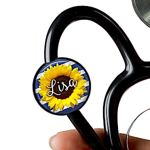 Navy Stripes Sunflower Tube Stethoscope Tag - Adjustable Steth Tag Id Personalized with Name Monogram Occupation Title - Floral Nurse Identification