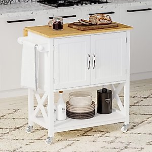 Spirich Kitchen Island on Wheels, Rolling Kitchen Cart with Storage Cabinet, Small Kitchen Island with Drop Leaf and Towel Rack for Dining Room, White