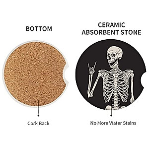 Britimes Absorbent Car Coasters 2 Pack for Cup Holders, 2.56" Ceramic Stone Cork Base Drink Coasters Human Skeleton