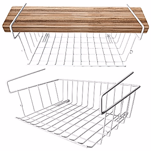 Under Shelf Basket , 2 Pack White Wire Under Shelf Basket , Slides Under Shelves for Storage, Space Saving for Kitchen Counter Pantry Desk Bookshelf Cupboard
