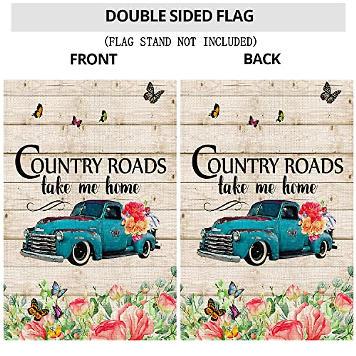 Spring Garden Flag 12x18 Inch Double Sided,Blue Truck with Flowers Country Roads Take Me Home Yard Flag,Small Flag for Farmhouse Outdoor Decor