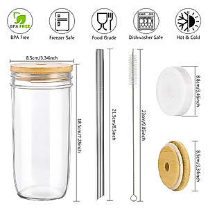 RENYIH 2 Pack 24oz Glass Cups with Bamboo Lids & Straws & 2 Airtight Lids - Reusable Glass Smoothie Cup, Iced Coffee Glasses,Travel Glass Tumbler for Milkshakes,Juice