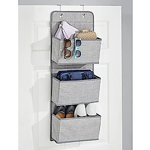 mDesign Fabric Hanging Organizers for Over the Door Storage In Bedroom/Hallway Closets, 3 Pocket Organizer Caddy, Hooks for Linens, Clothing, Accessories, Lido Collection, Textured Print, 2 Pack, Gray