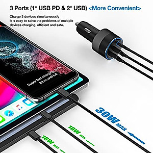 S23 S22 Ultra USB C Fast Car Charger, 3 Port 66 W Car Charger PD3.0 Dual QC 3.0 Type-C Car Charger Adapter for Samsung Galaxy Z Fold 4/Z Flip/3/4/S22/22+/S21/S20/Ultra/Note 20 Galaxy Tab (6 ft Cable)