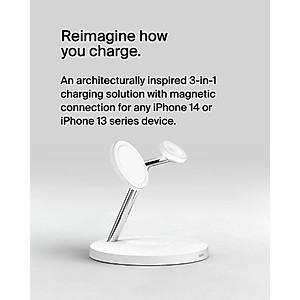 Belkin MagSafe Charger, 3-in-1 Wireless Charging Stand, 2ND GEN, 33% Faster for Apple Watch, iPhone 16, iPhone 15, iPhone 14 Series, AirPods - MagSafe Charging Station for Multiple Devices - White
