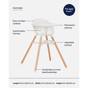 Lalo The Chair Convertible 3-in-1 High Chair - Wooden High Chair for Babies & Toddlers, Baby High Chair with Dishwasher Safe Tray, Adjustable Footrest & Machine Washable High Chair Cushion, Coconut