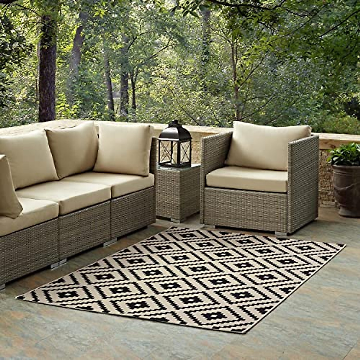 Modway R-1134A-46 Perplex Geometric Diamond Trellis 4x6 Indoor and Outdoor Area Rug, Black and Beige