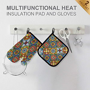 Oven Gloves Pot Holders Mexican Talavera Ceramic Tile Pattern Kitchen Soft Oven Insulation Mitts Heat Resistance Potholder Sets Safe Baking Cooking Microwave