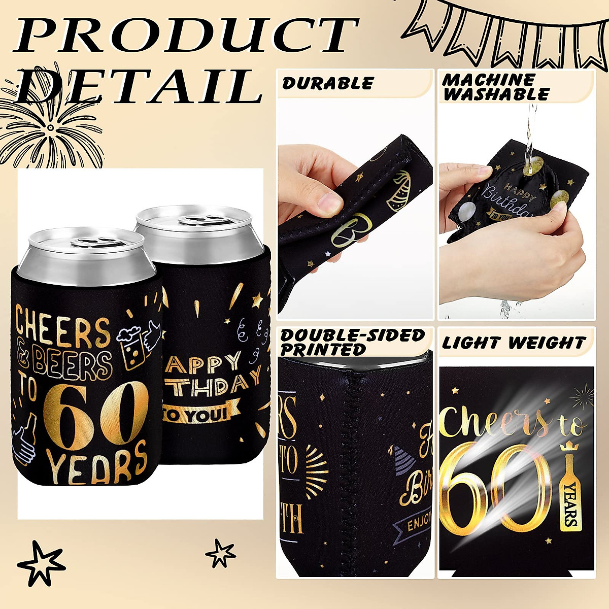 Umigy 24 Pcs 60th Birthday Can Sleeve to 60 Years Can Neoprene Cooler 60th Birthday Decorations 60th Birthday Party Favors Party Supplies Birthday Gift for Men Women