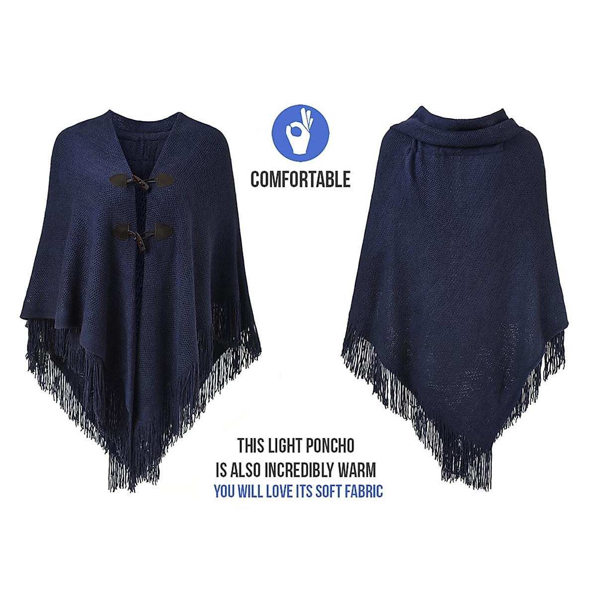 Ferand Women’s Loose Fitting Poncho Cape Shawl with Stylish Horn Buttons, V Neckline and V Hem, Navy blue