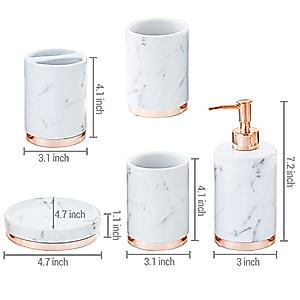 MyGift 5 Piece Modern White Ceramic Bathroom Accessory Set with Marbled Design and Rose Gold Accents, Includes Lotion Pump Dispenser, Toothbrush Holder, Tumbler and Soap Dish