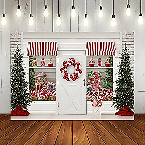 Lofaris Winter Christmas Backdrop Merry Xmas Sweet Candy Storefront Cottage Santa's Wreath Shiny Lights Trees Background Gifts Shop Kids Birthday Baby Shower Party Portrait Photo Studio Props