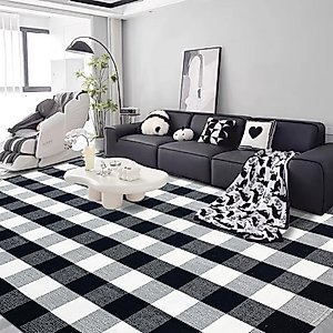 USTIDE Buffalo Plaid Rug 8x10Ft Black and White Checker Area Rug Cotton Woven Indoor Carpet for Living Room Bedroom Dining Room Washable Outdoor Patio Rugs Farmhouse Rug