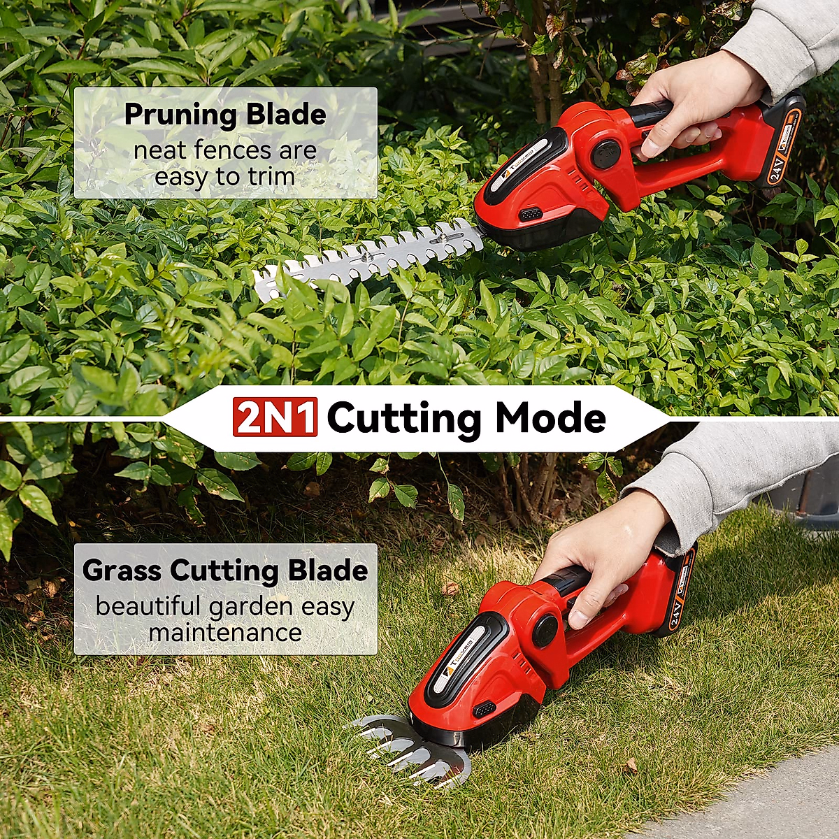 Hedge Trimmer Cordless, TOOVEM 2 in 1 Handheld Cordless Grass Shear with 2 Pcs Rechargeable Batterys and Charger, 24V Electric Weed Grass Cutter Shrubbery Trimmer for Garden, Lawn (Red)