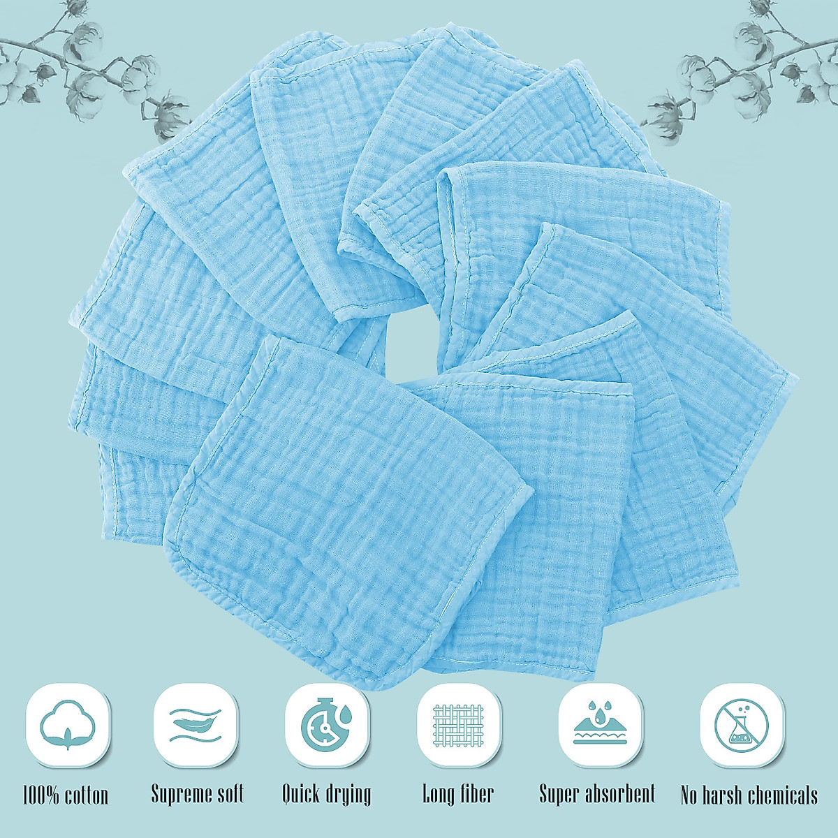 Cute Castle 12 Pack Muslin Burp Cloths for Baby - Ultra-Soft 100% Cotton Baby Washcloths - Large 20'' by 10'' Super Absorbent Milk Spit Up Rags - Burpy Cloths for Unisex, Boy, Girl - Aquamarine