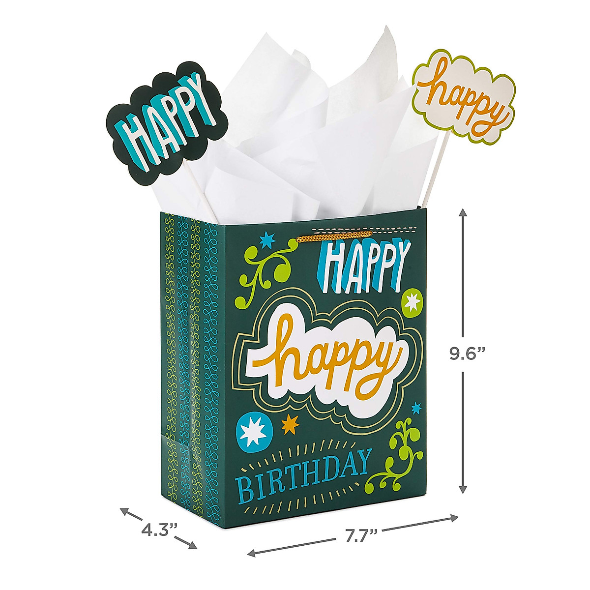 Hallmark 9" Medium Birthday Gift Bag with Tissue Paper and Mini Signs (Happy Happy Birthday, Green, Grey, Blue Hand lettering)